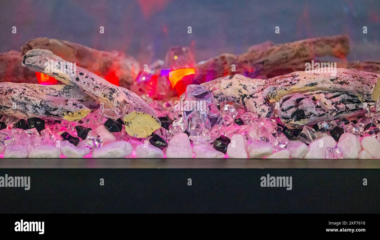 Pink Electric Fireplace With Crystals Pebbles and Diamonds Flame Effect ...