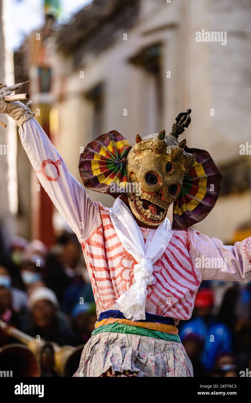 A Tibetan Buddhist in traditional demon ghost clothing in Ritual Dance ...