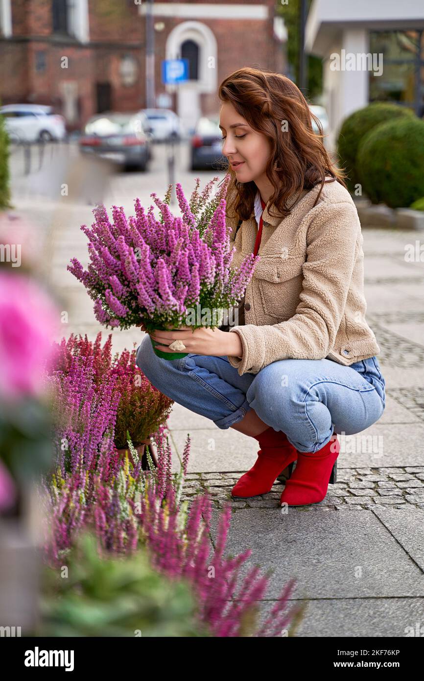 Young beautiful woman holding a pot with blooming violet heather plant ...