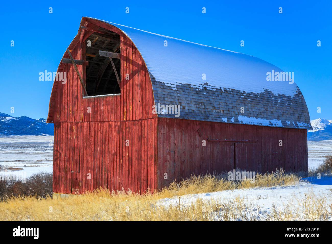 old red barn in the flathead creek valley below the bridger mountains ...