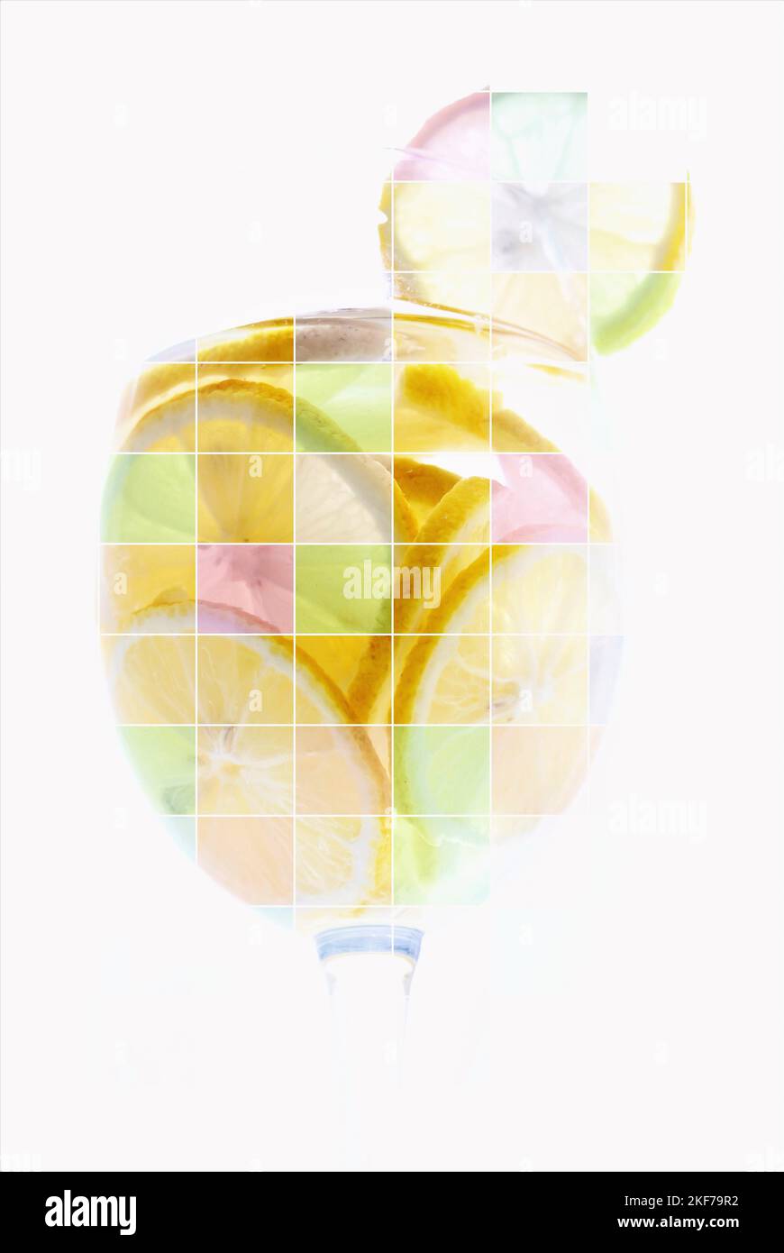 Glass with lemon lime slices cocktail on white background. Colorful ...