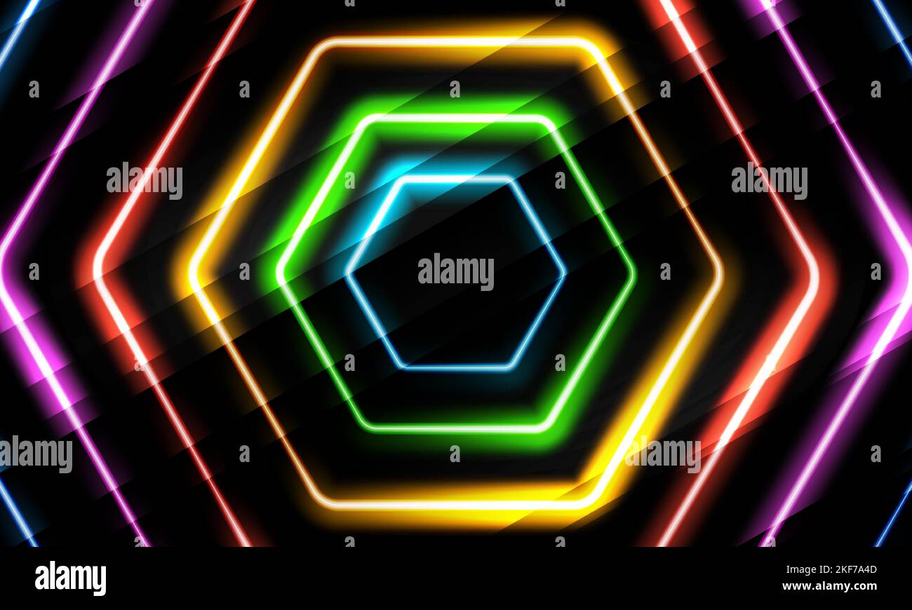 Neon multicolor hexagon on black background. Glowing honeycomb ...