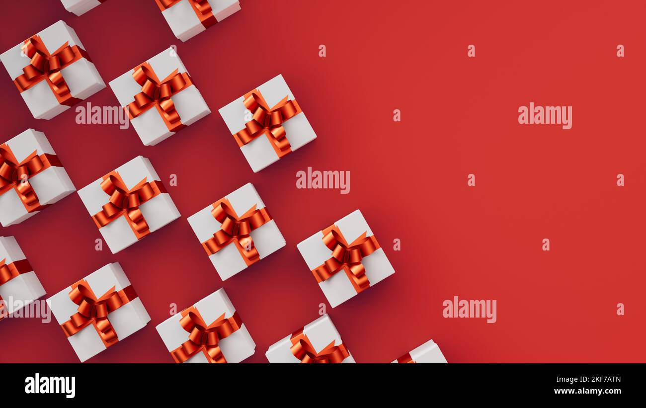 New Year white gift boxes with red ribbon on red background in perfect ...