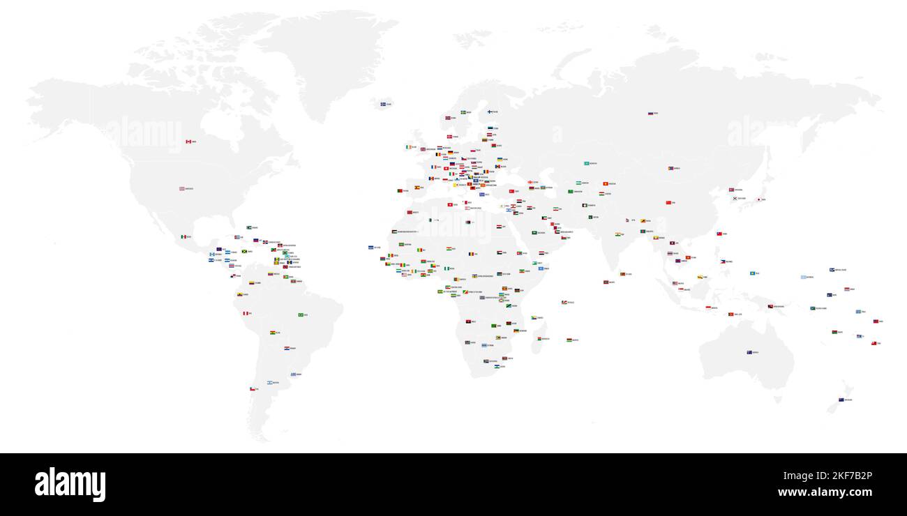 Map of World with flags. Each sovereign country with own name label and ...