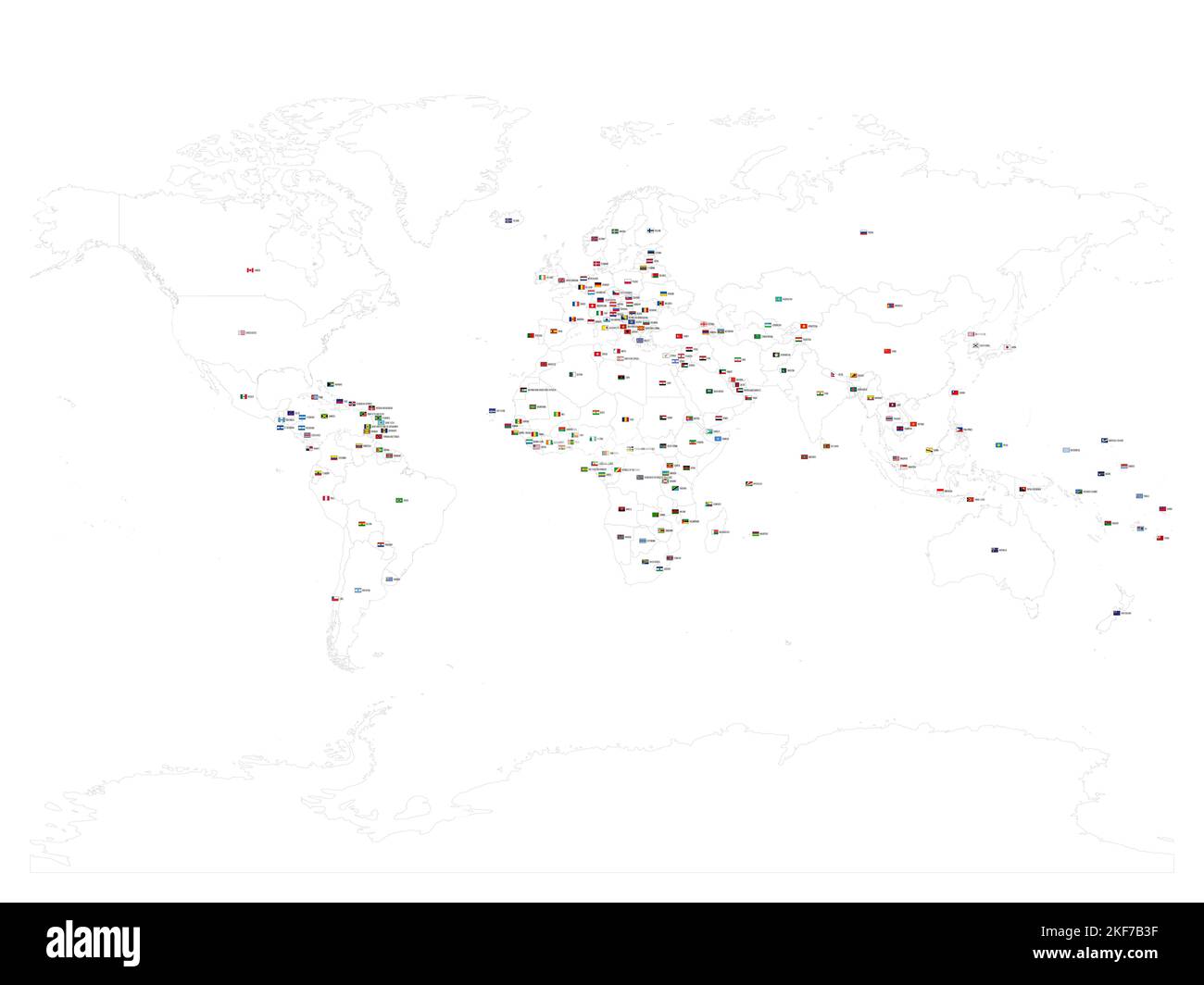 Map of World with flags. Each sovereign country with own name label and ...