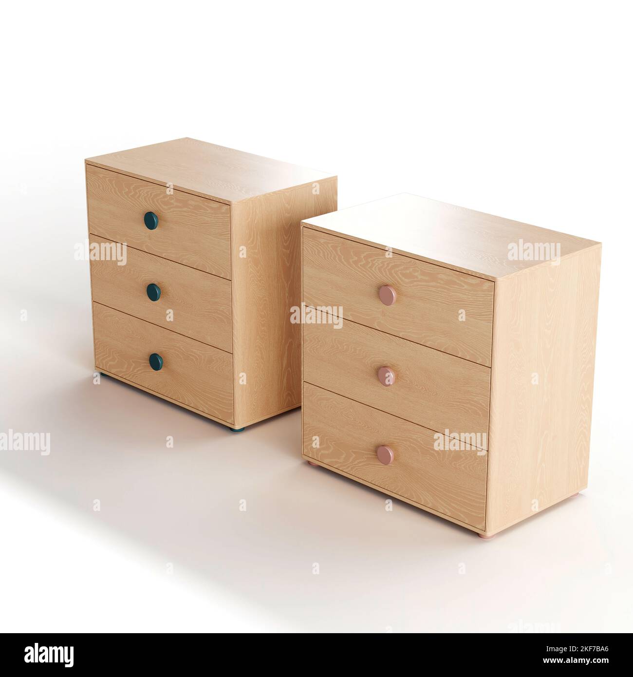 A 3D design of two wooden chests with three drawers isolated on white ...