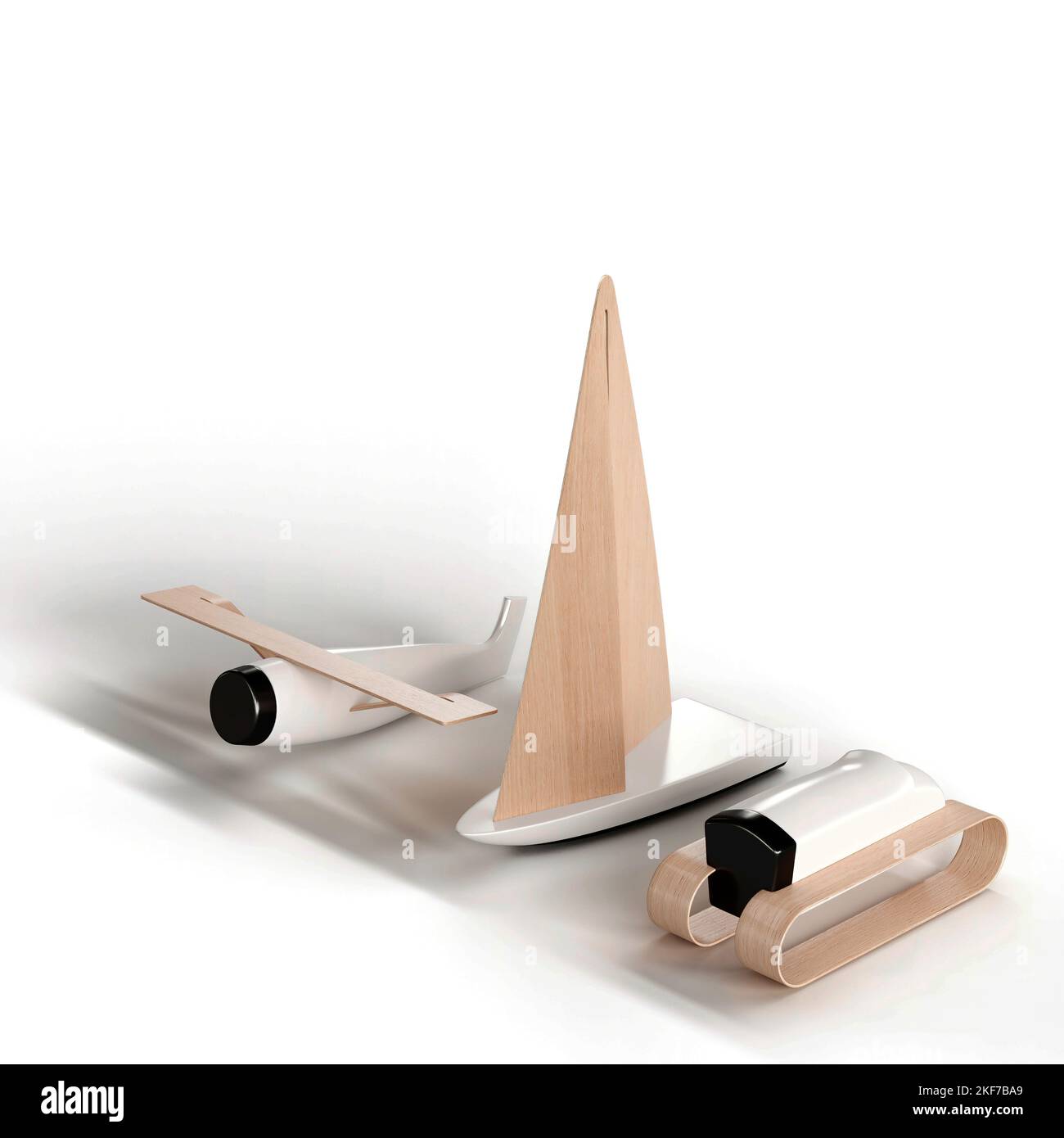 A 3D design of a crafted airplane, sailboat, and bulldozer isolated on ...
