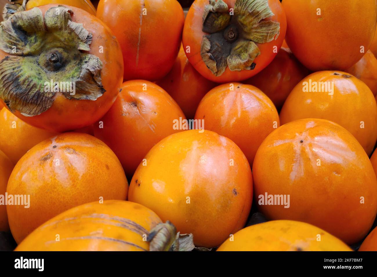 Full frame close-up on a stack of persimmons for sale on a market stall ...