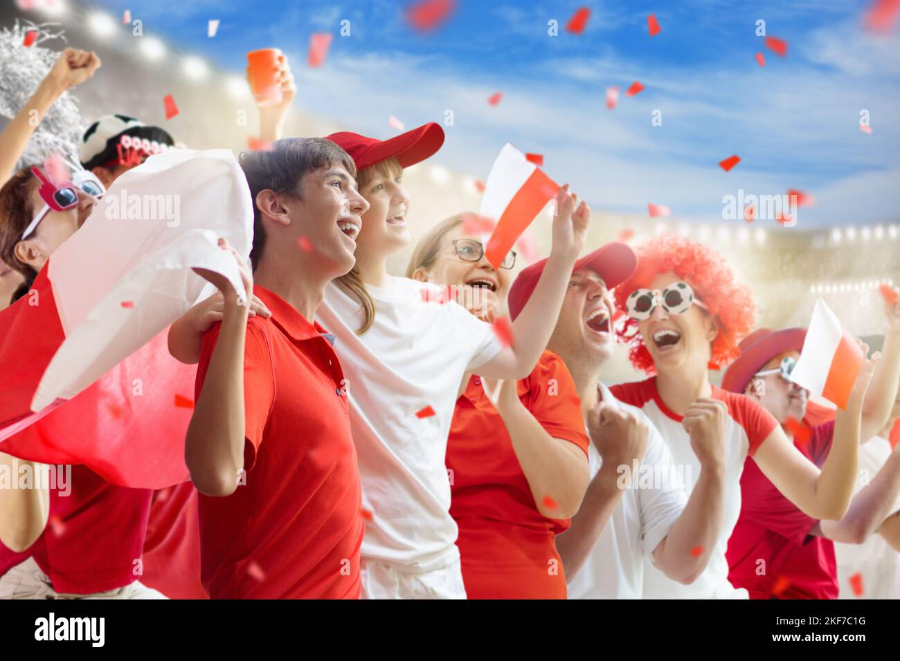 Poland football supporter on stadium. Polish fans on soccer pitch ...