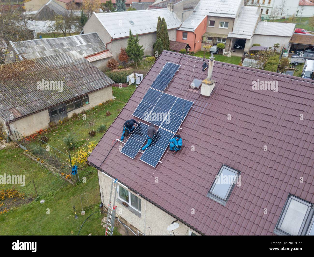 Installation of photovoltaic panels. Aerial view of the construction of ...