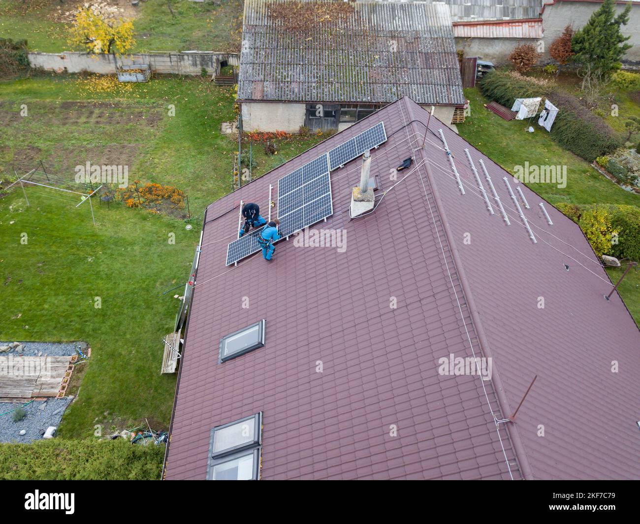 Installation of photovoltaic panels. Aerial view of the construction of ...