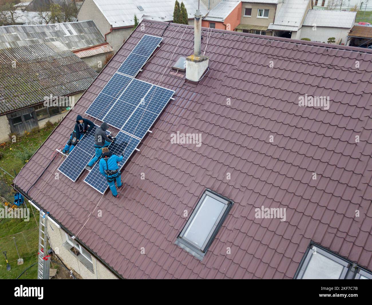 Installation of photovoltaic panels. Aerial view of the construction of ...