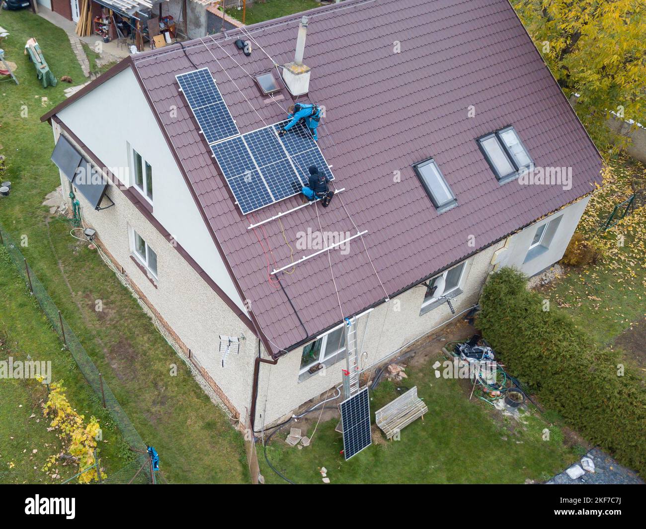 Installation of photovoltaic panels. Aerial view of the construction of ...
