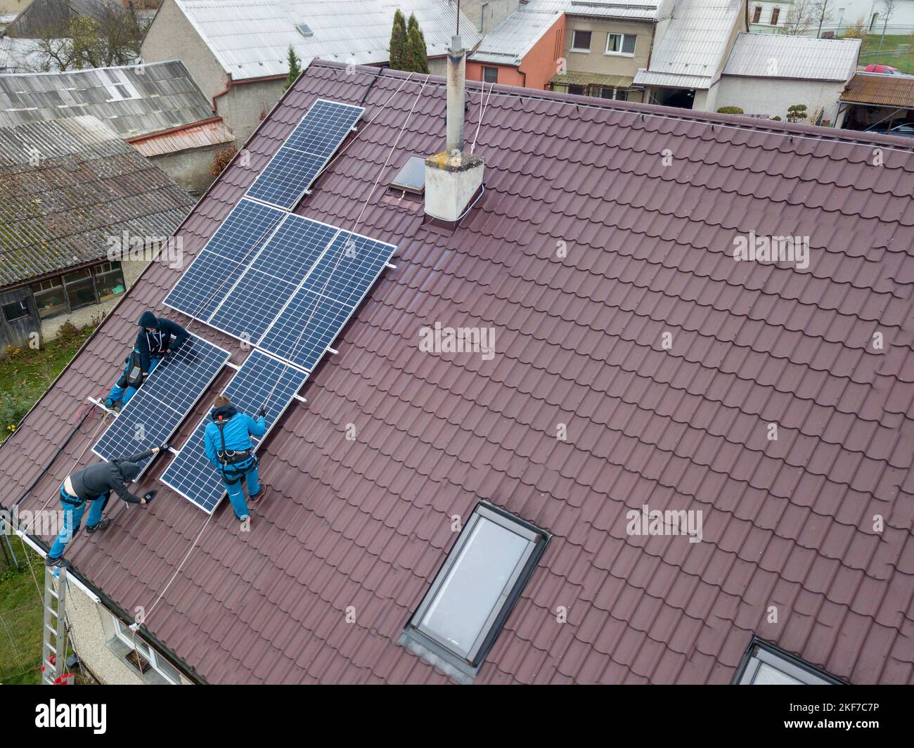 Installation of photovoltaic panels. Aerial view of the construction of ...