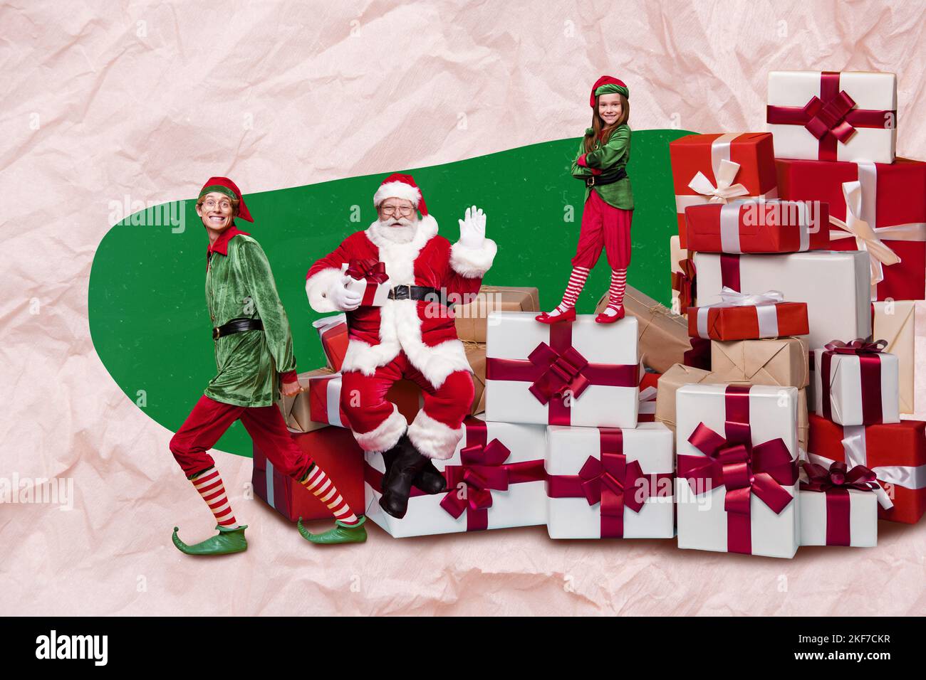 Composite collage image of santa claus sitting stack presents gifts box wave hand elfs helpers ...