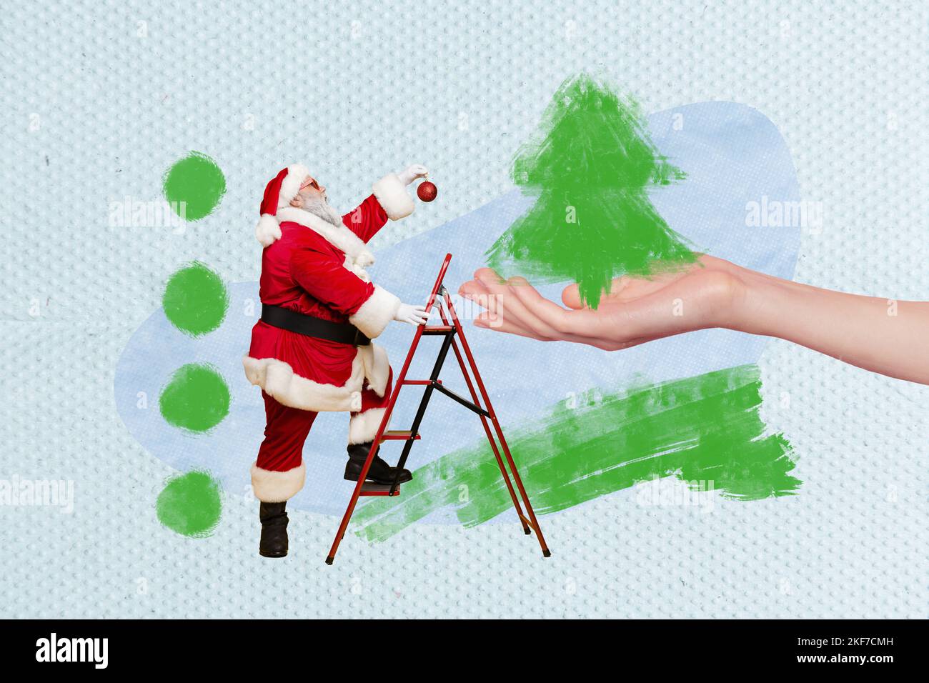 Creative trend collage of cute santa claus climbing ladder hang ...