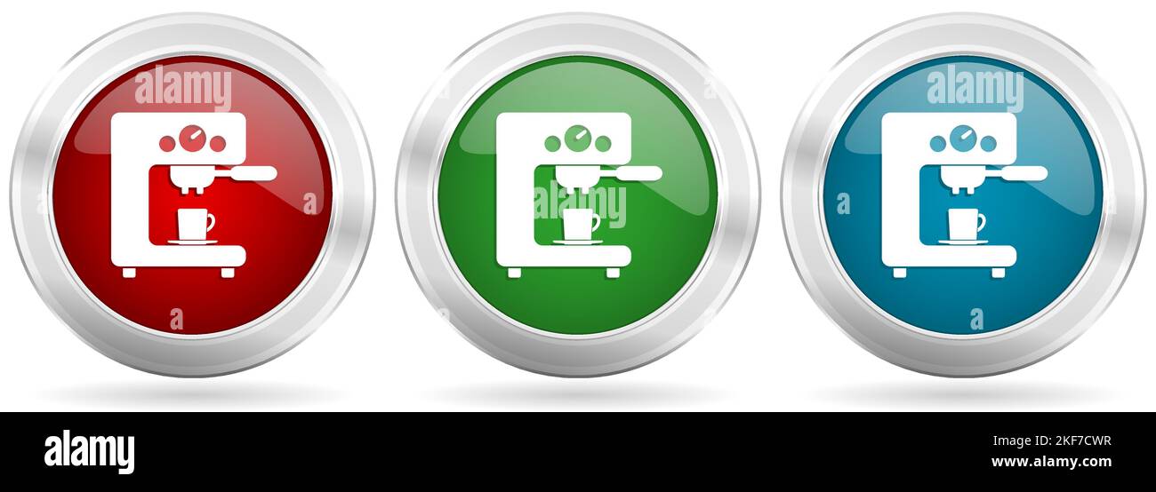 Coffee machine vector icon set. Red, blue and green silver metallic web ...