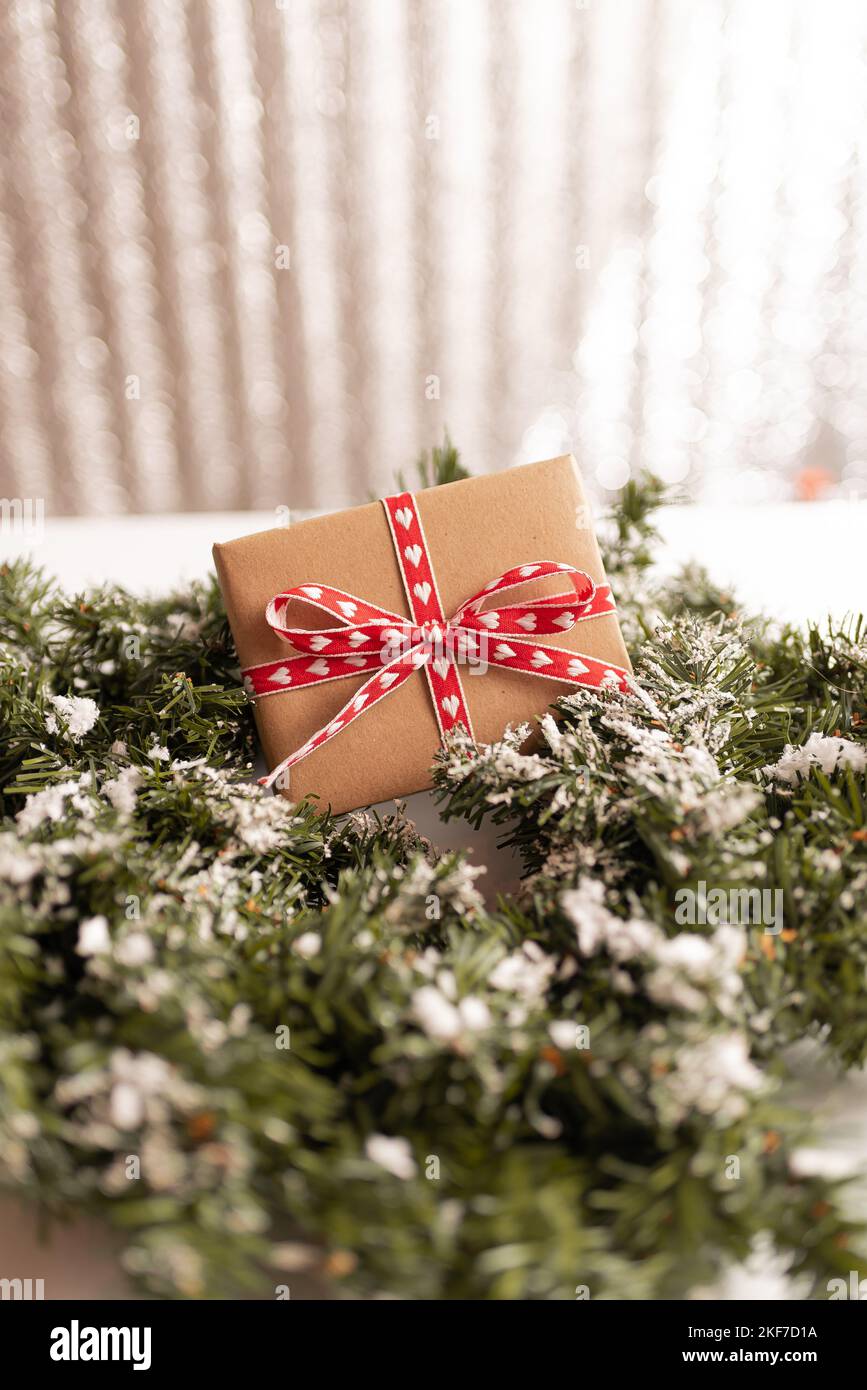 Christmas present wrapped in kraft paper with natural decoration Stock ...