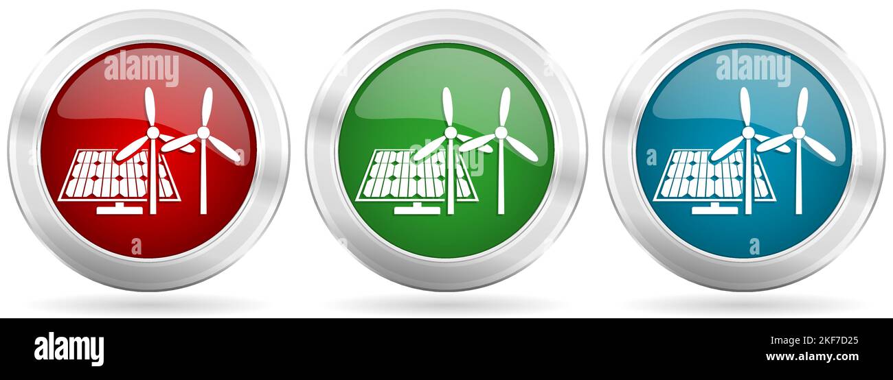Wind and solar energy, renewables vector icon set. Red, blue and green ...
