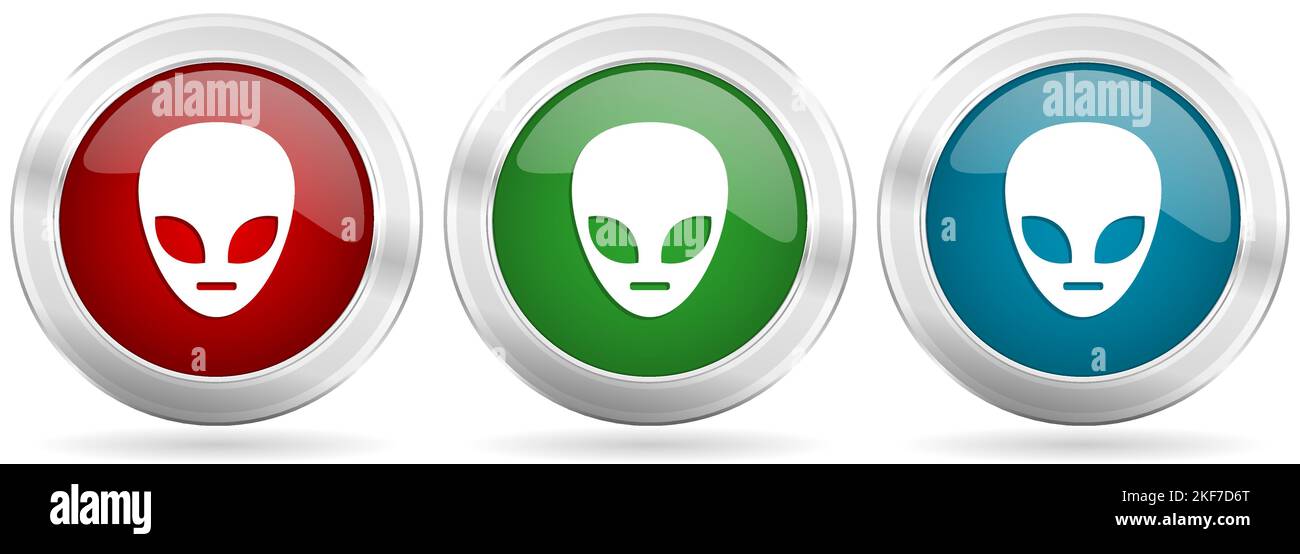 Alien face vector icon set. Red, blue and green silver metallic web ...