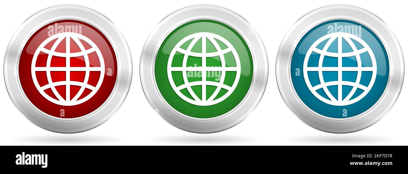 World, globe vector icon set. Red, blue and green silver metallic web ...