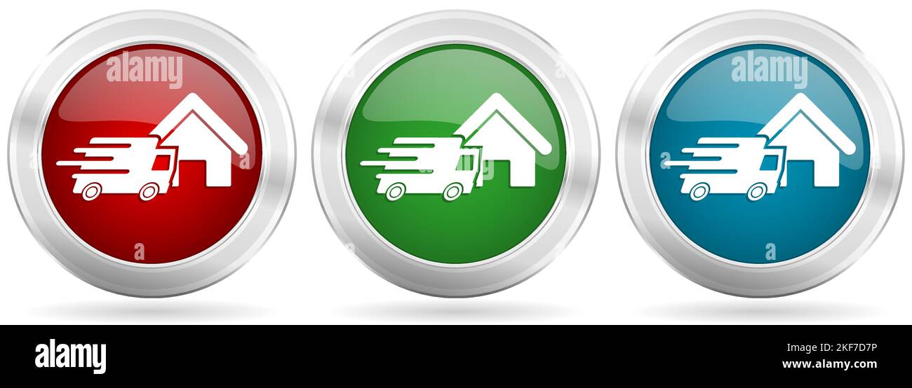 Home delivery, shipping, courier vector icon set. Red, blue and green ...