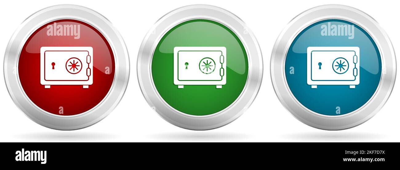 Safe, bank, business vector icon set. Red, blue and green silver ...