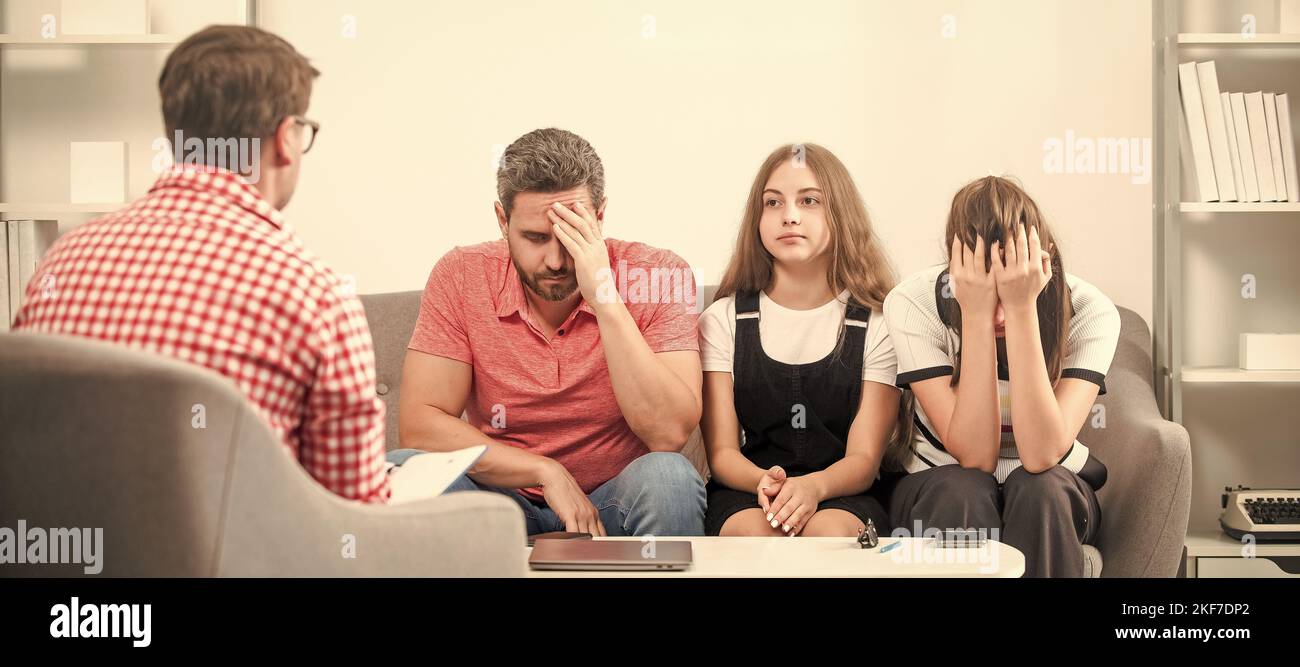 Social worker psychologist talking to father mother and daughter teenage girl. Advice, help ...