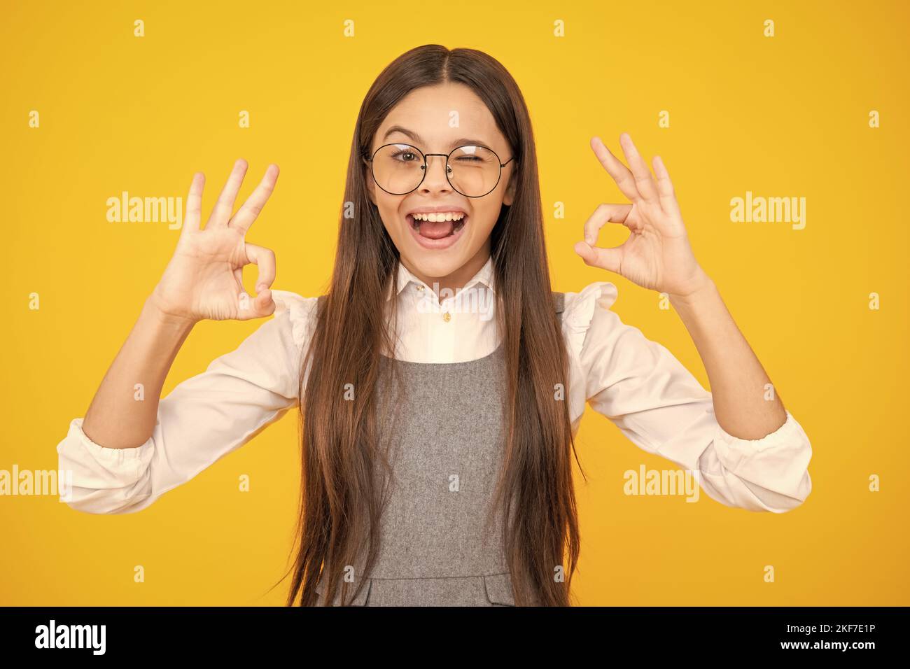Young girl child show fingers ok symbol sign language isolated on ...