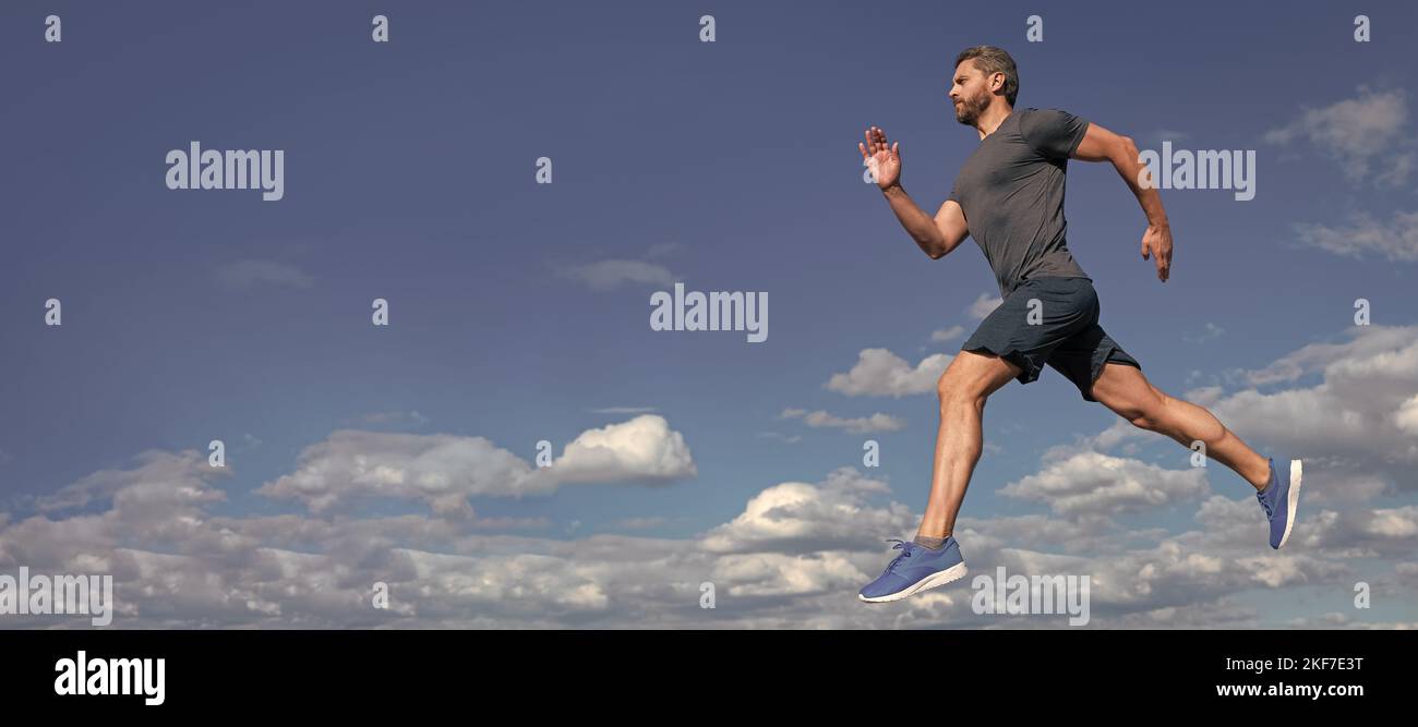 Man running and jumping, banner with copy space. endurance and stamina ...