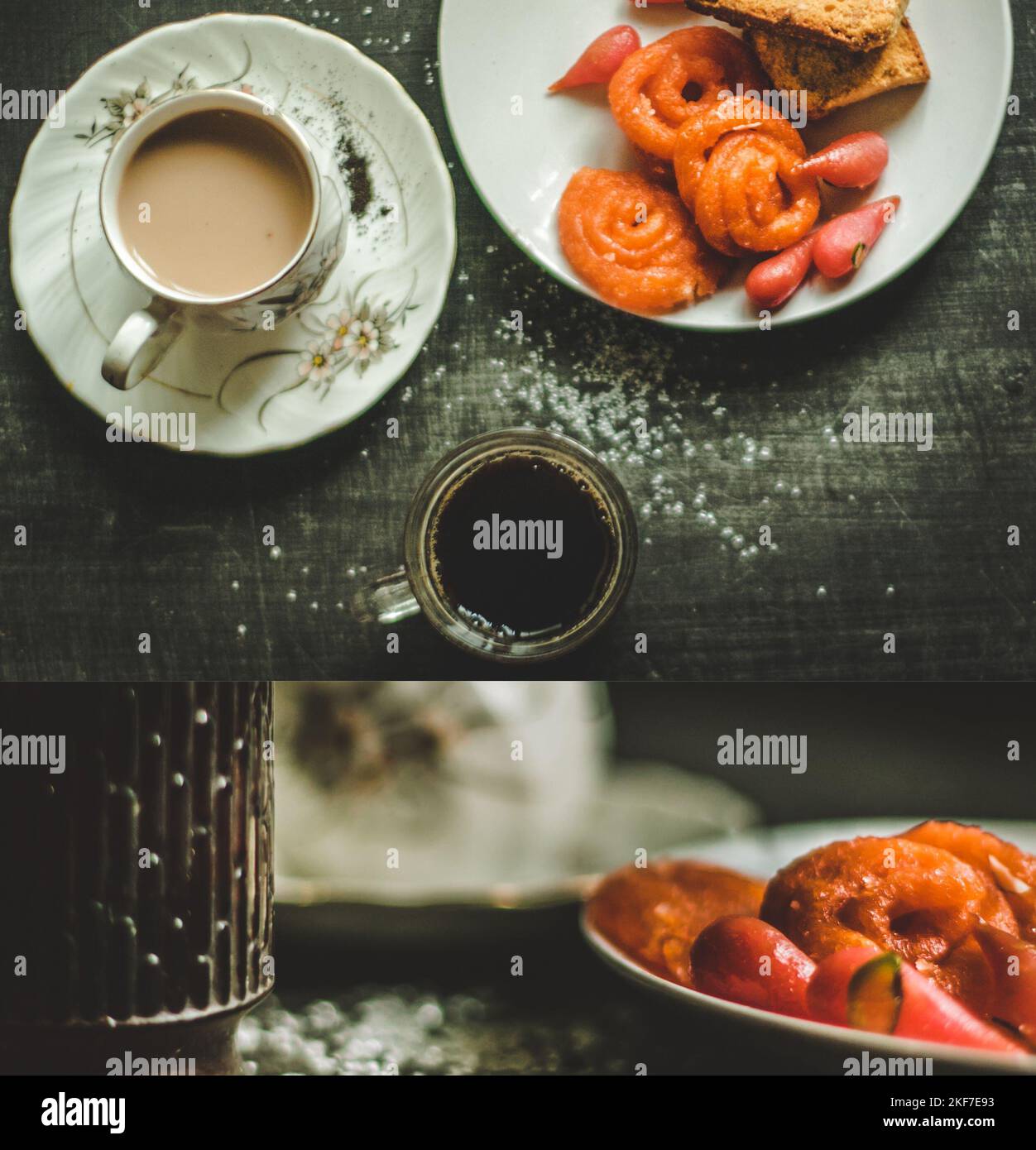 A top view of tea with milk and Indian sweets Stock Photo - Alamy