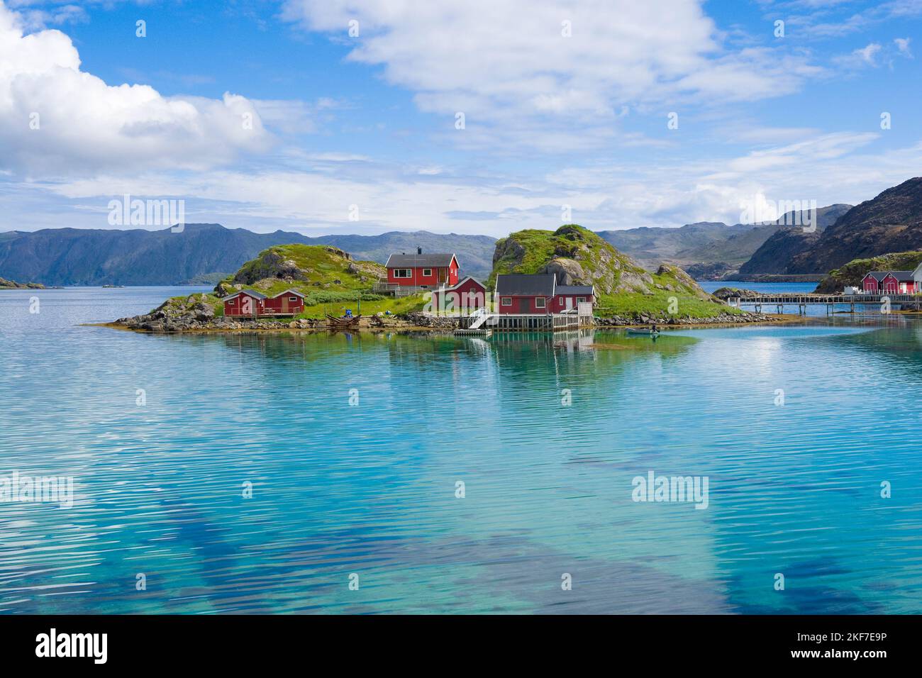 Fishing village with traditional red rorbu at Trollholmen island ...