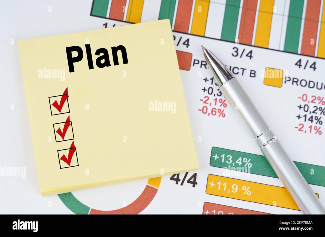 Business concept. On the business charts are a pen and stickers with ...