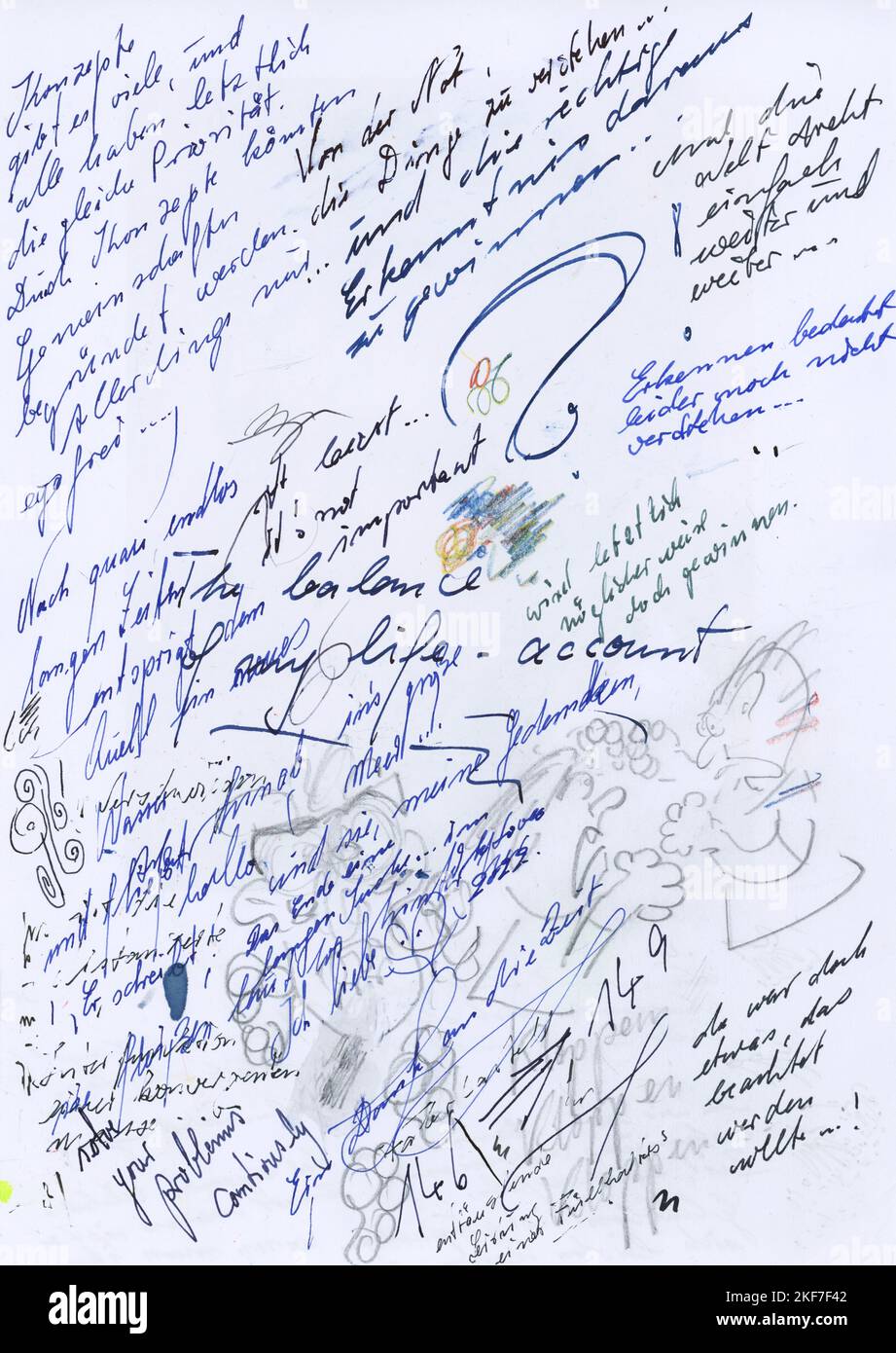 Doodle with German and English texts written with ink. Vague drawings ...