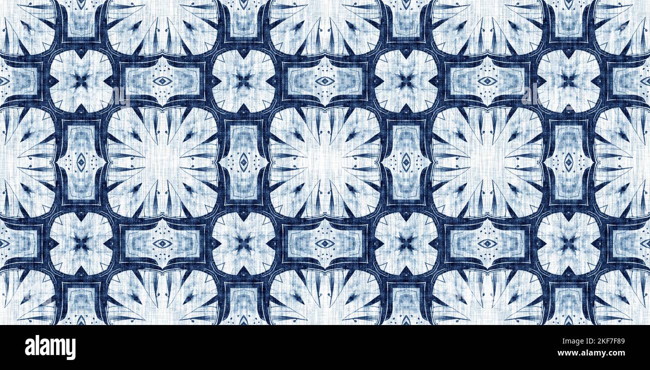 Indigo dye wash coastal damask seamless border pattern. Washed out ...