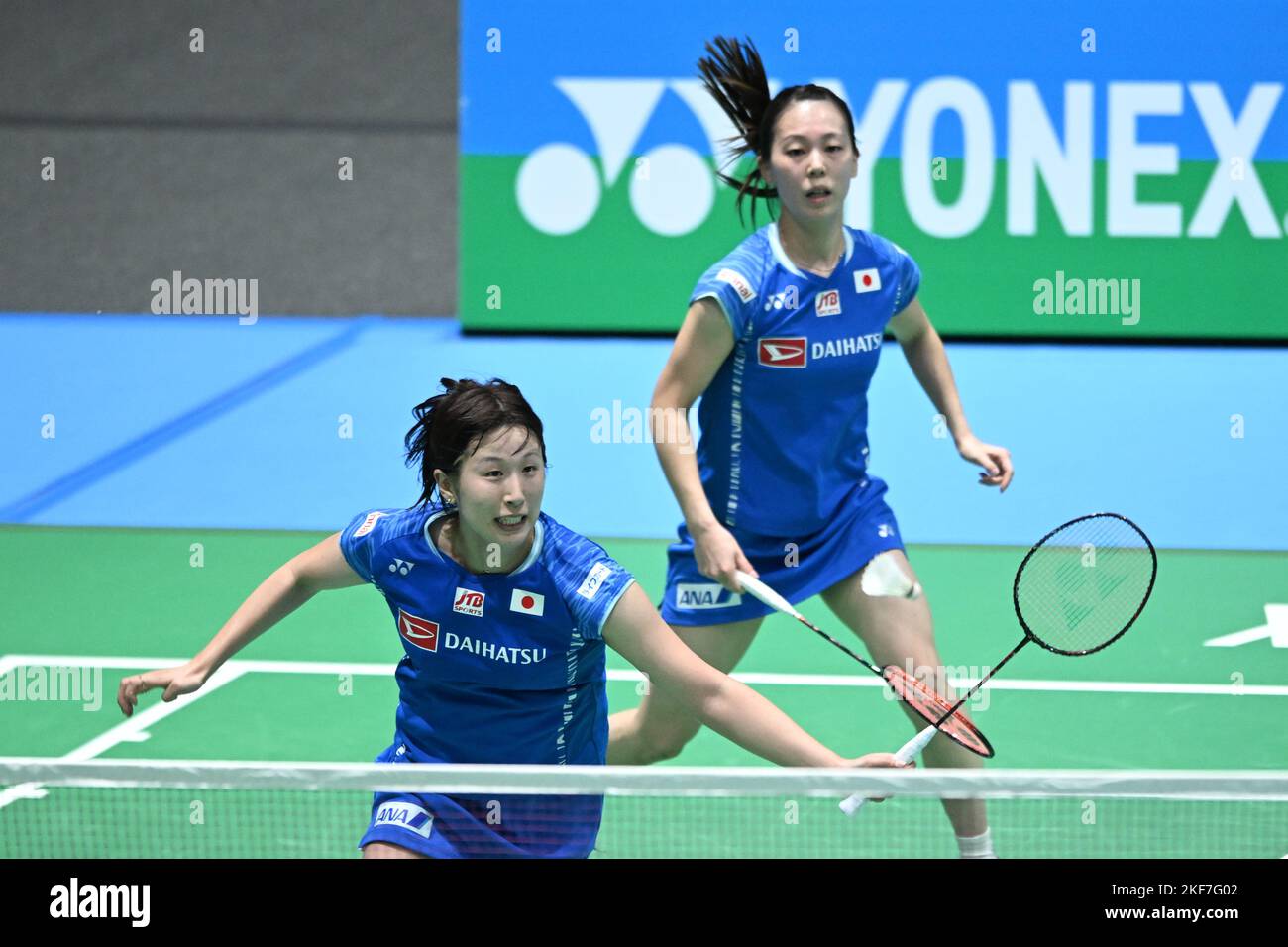 Ayako Sakuramoto (L) and Rena Miyaura (R) of Japan seen in action ...
