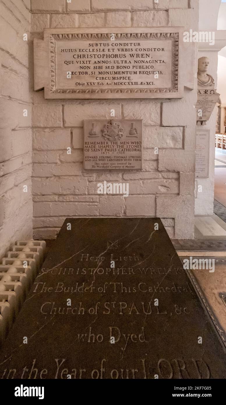 A vertical closeup of the tomb memorial to Christopher Wren in the ...