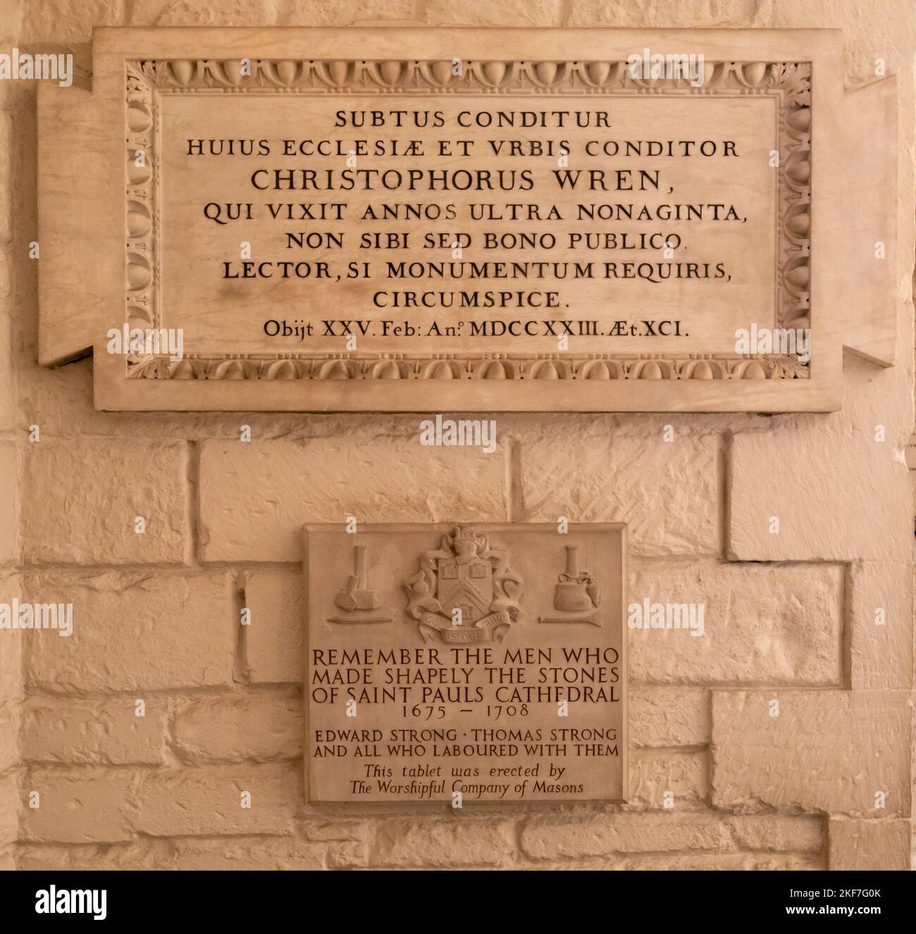 A closeup of the memorial to Christopher Wren in the crypt of St Paul's ...