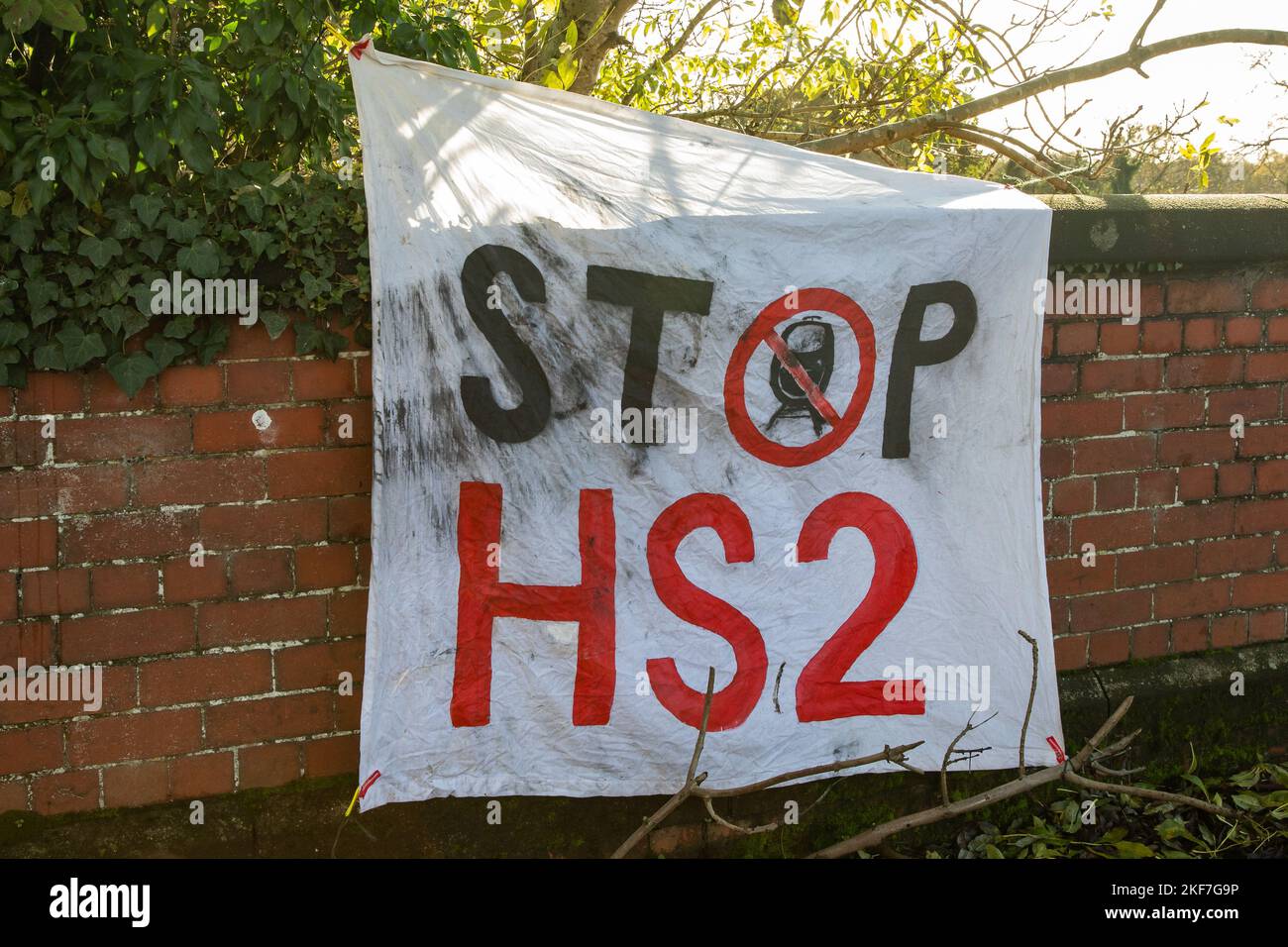 London, UK. 16 November, 2022. A Stop HS2 banner is pictured during a ...