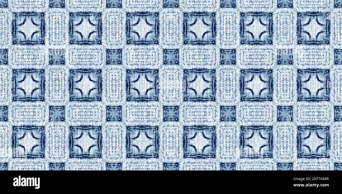 Indigo dye wash coastal damask seamless border pattern. Washed out ...