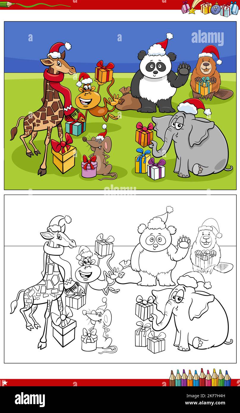 Cartoon illustration of happy animal characters with Christmas gifts ...