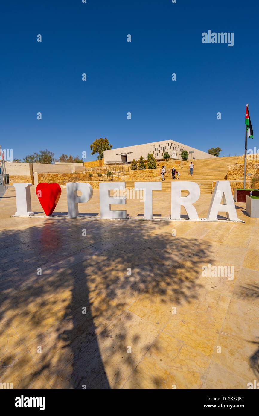 I Love Petra sign at the entrance to the visitor centre in Petra Jordan ...