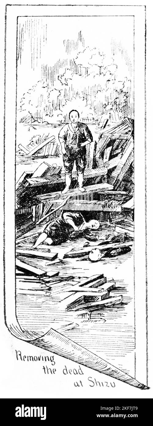 Engraving of damage caused by a tidal wave in Shizuhaw, Japan, June 15 ...