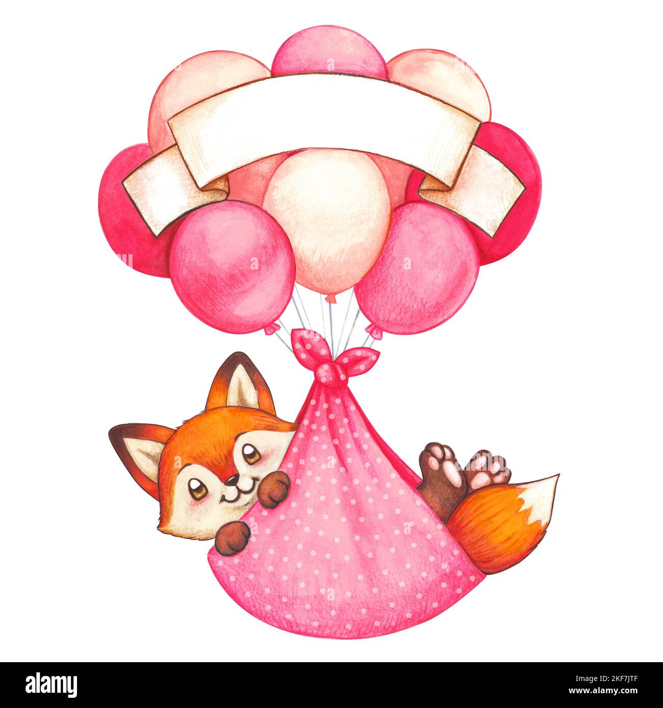 A vector of a cute watercolor baby girl fox flying on air balloons ...