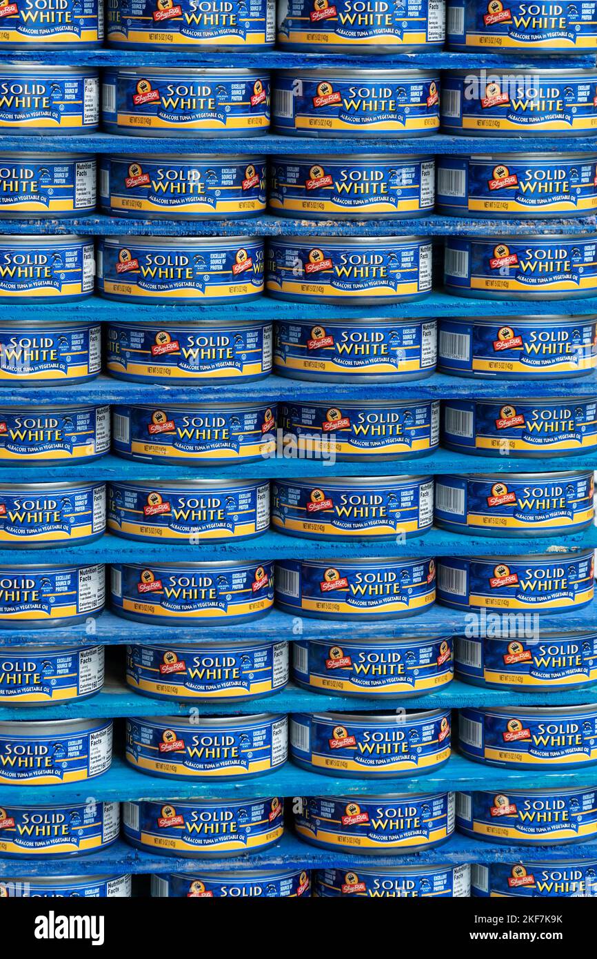 A display of Shop Rite brand solid white tuna cans in New York on ...