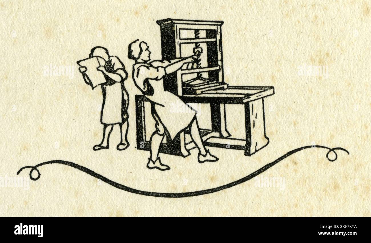 Iconic engraving of printer working an old platen press Stock Photo - Alamy