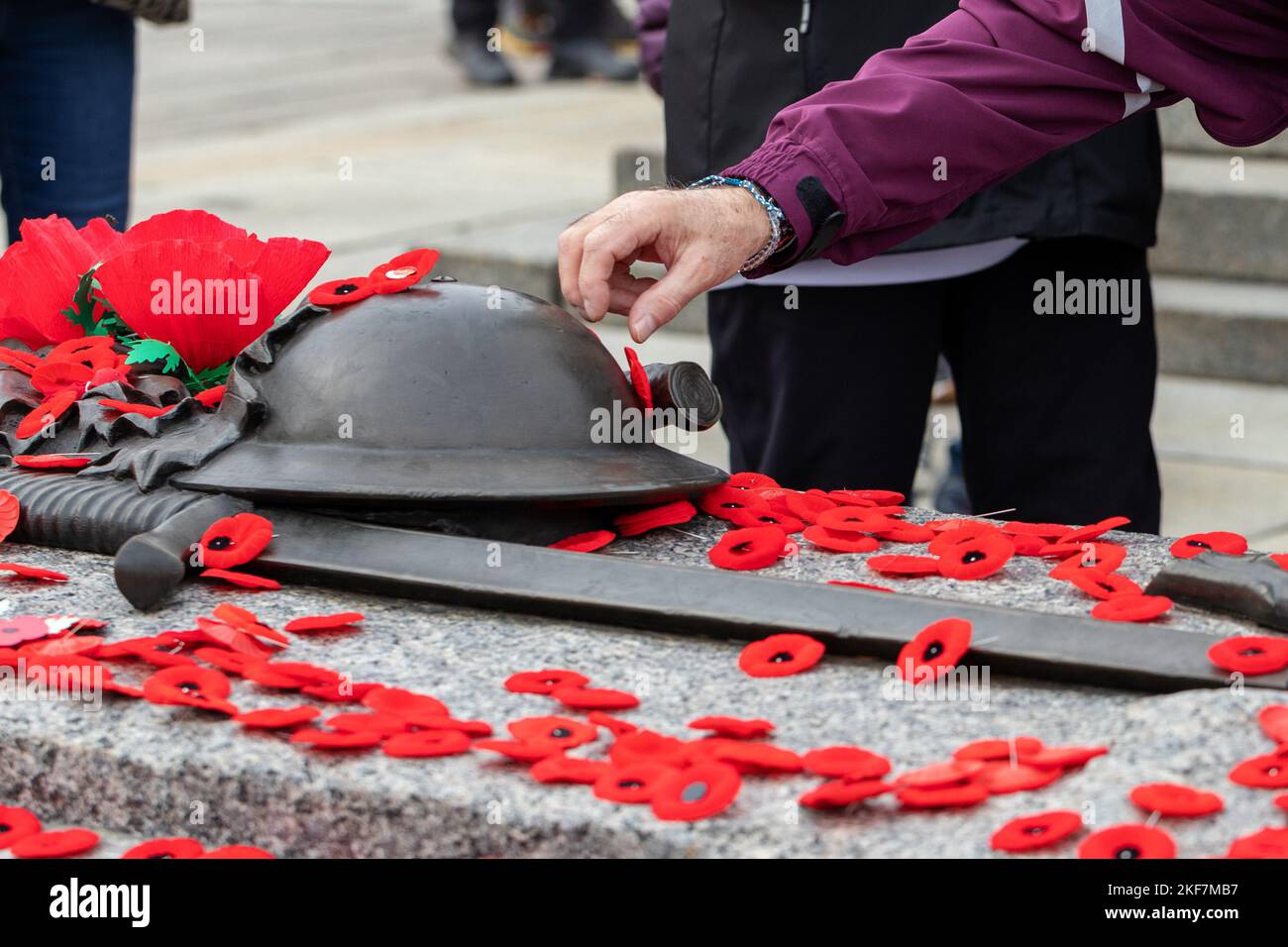 Remembrance Day in Canada. People putting poppy flowers on Tomb of the ...