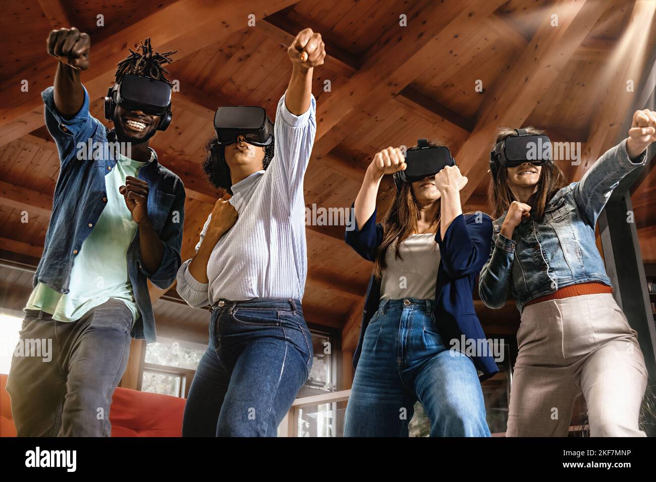 Young people portrait wearing VR headset and playing sport games in ...