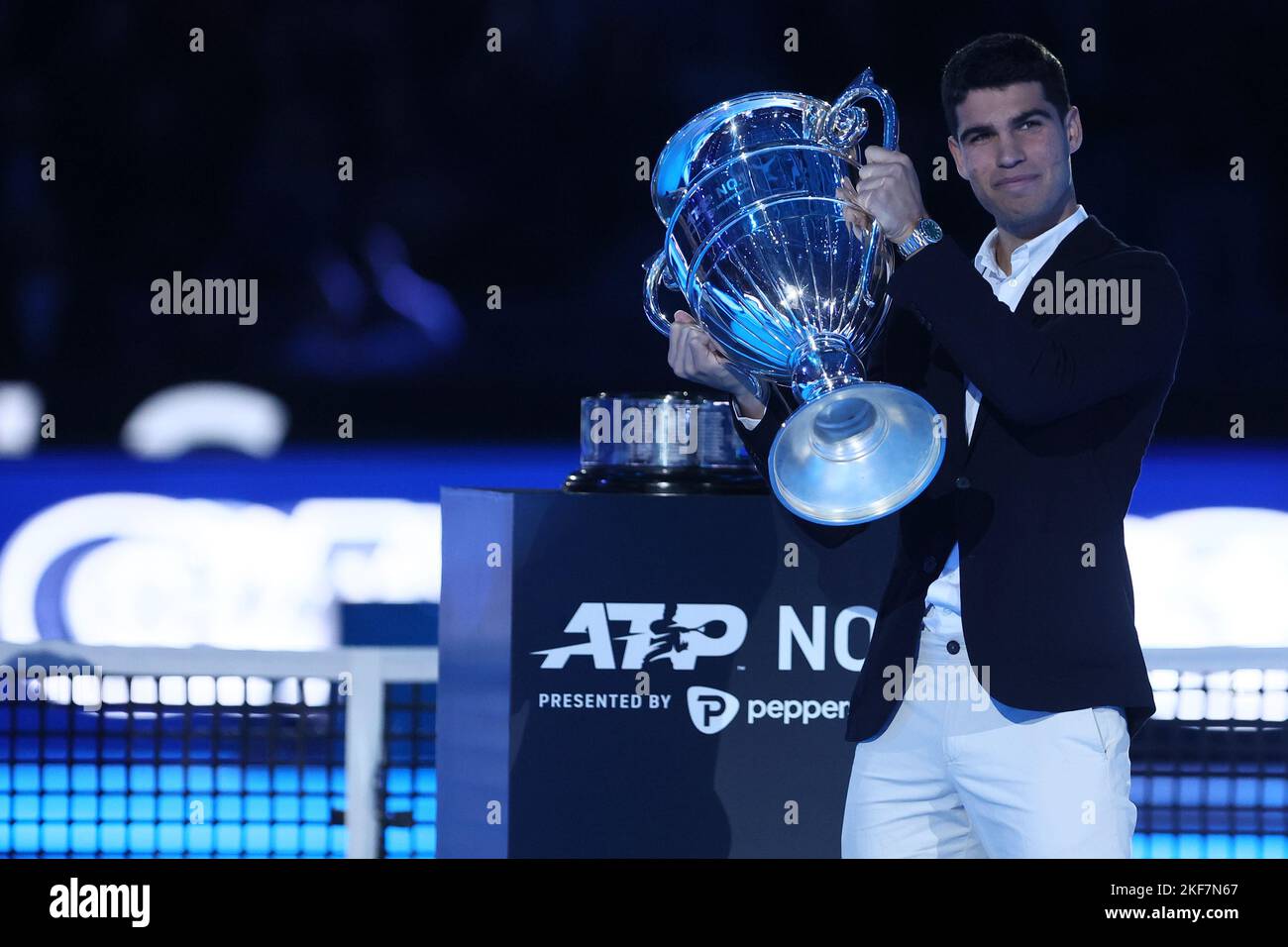 Turin, italy, 16/11/2022, Carlos Alcaraz of Spain receives the trophy ...