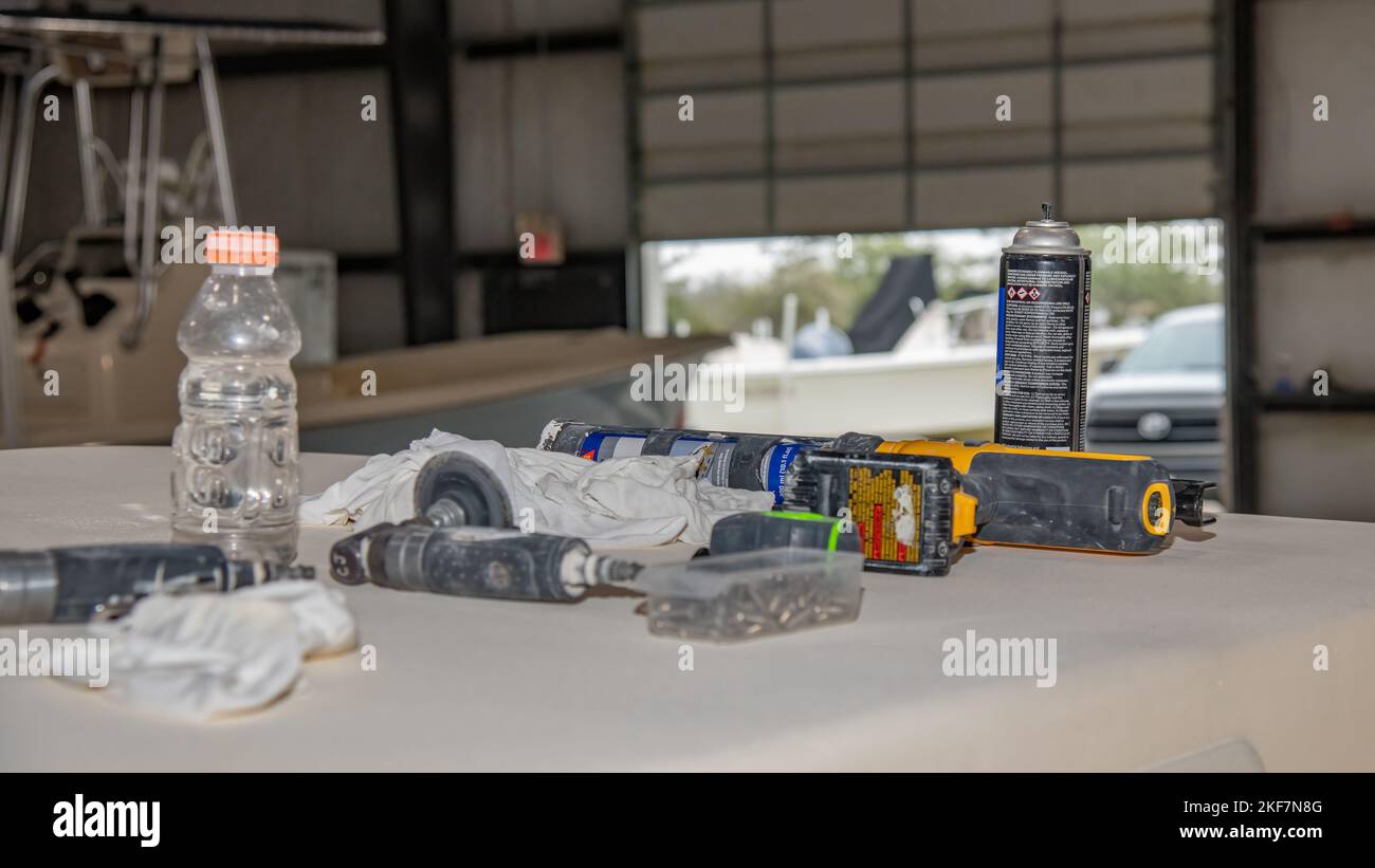 A horizontal image of various working pieces of equipment and a bottle ...